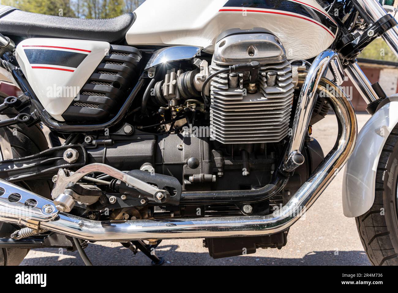 The engine of a classic motorcycle. side view. motor, cylinders Stock ...