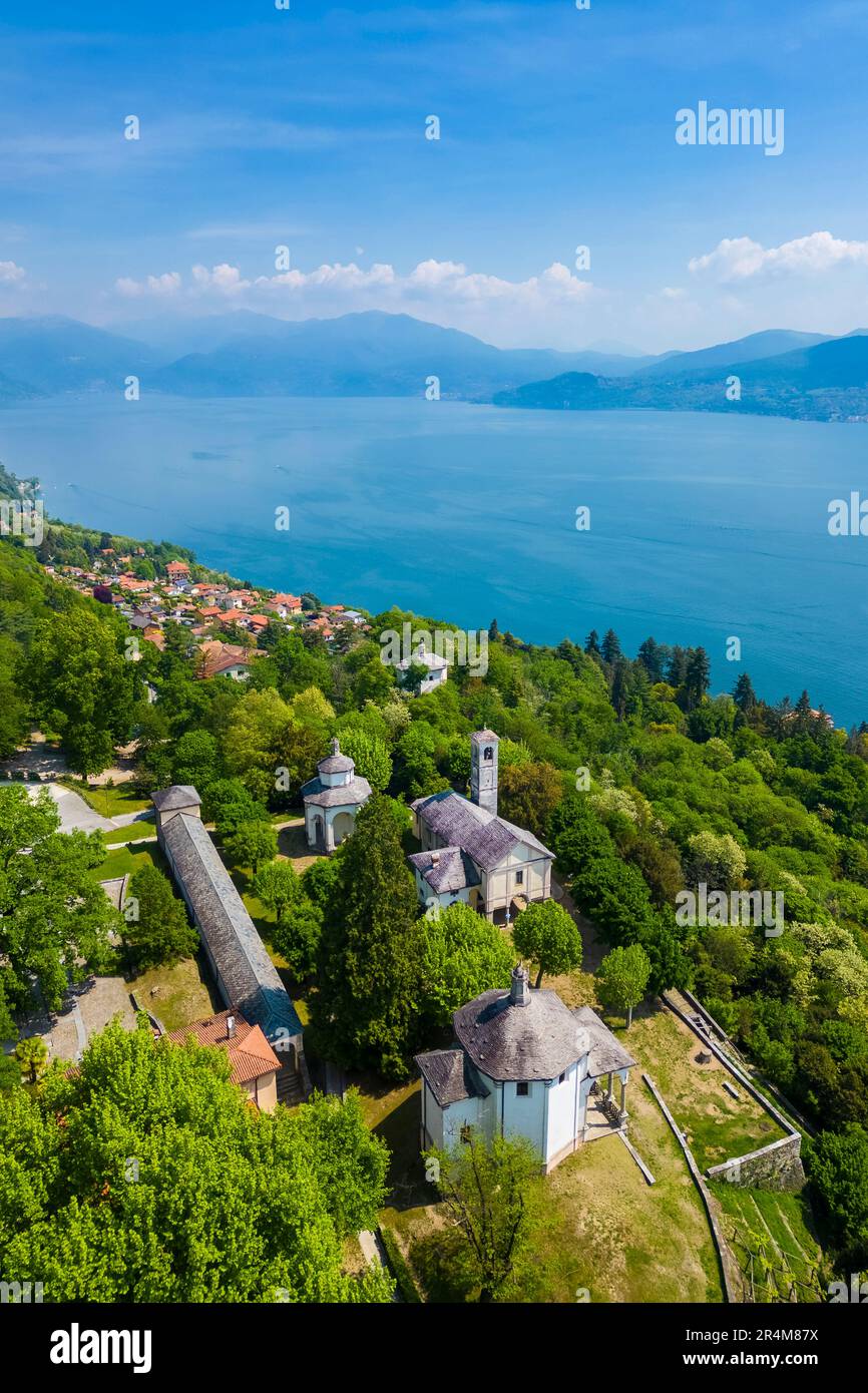 Aerial view of the Sacro Monte di Ghiffa on Lake Maggiore in the spring ...