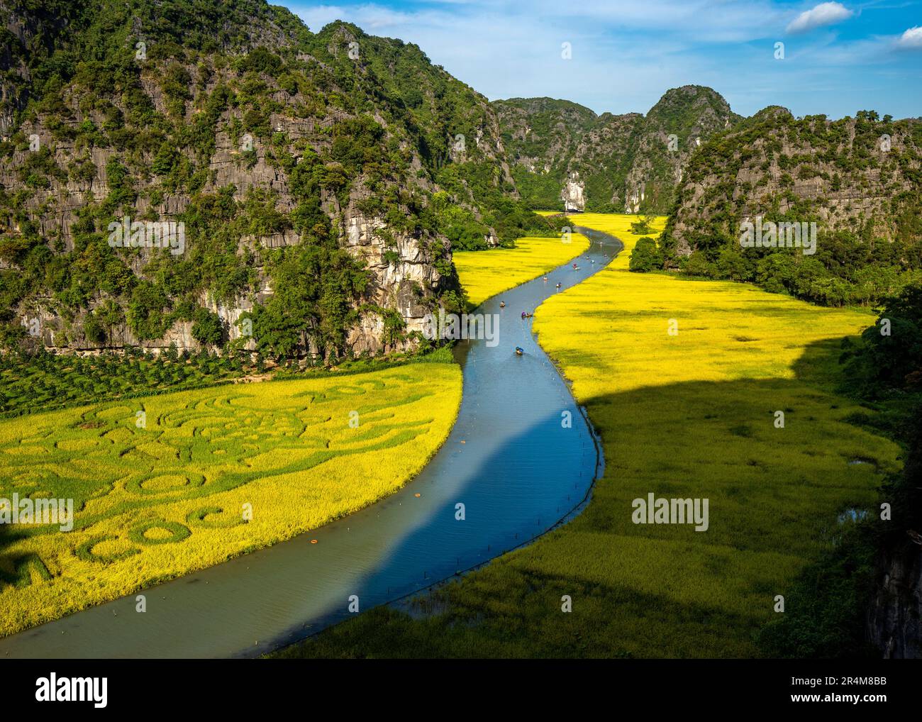 Aerial view of the tourist site with ripen rice fields along a stream ...