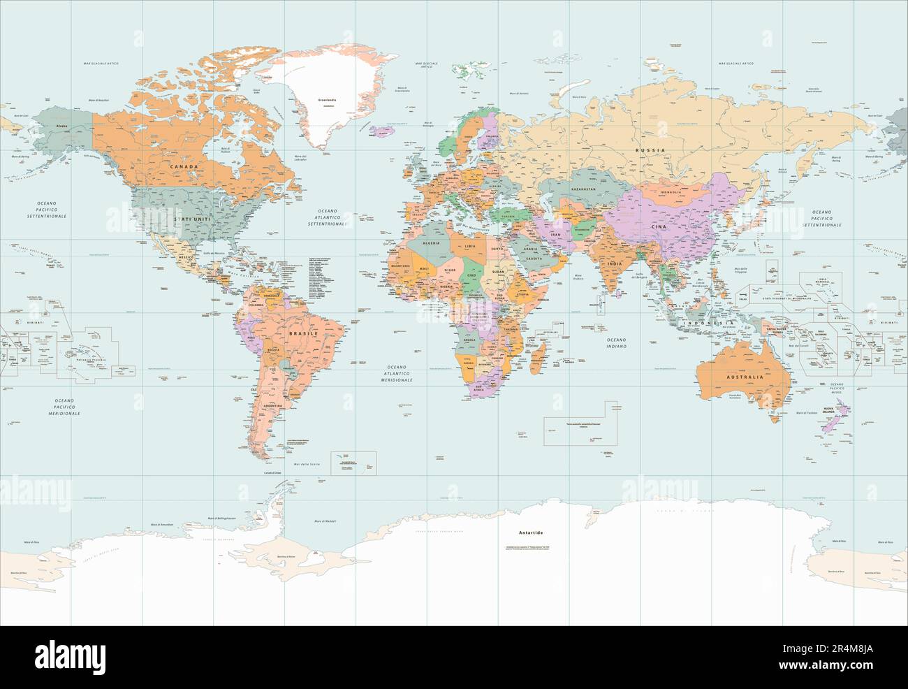 Detailed political world map Italian language Miller projection Stock ...