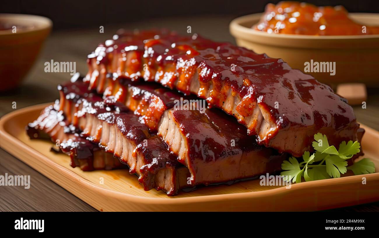 Baked pork ribs with barbecue sauce. Smoked BBQ Ribs. Slow cooking ...