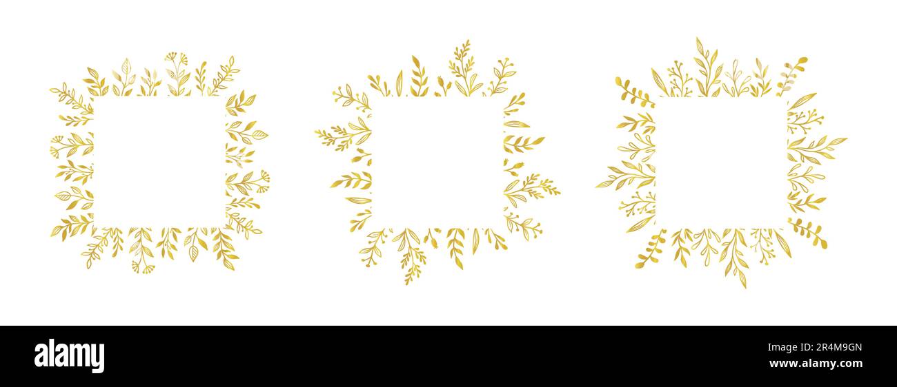 Gold floral square border set. Vector golden floral leaf wreath border ...