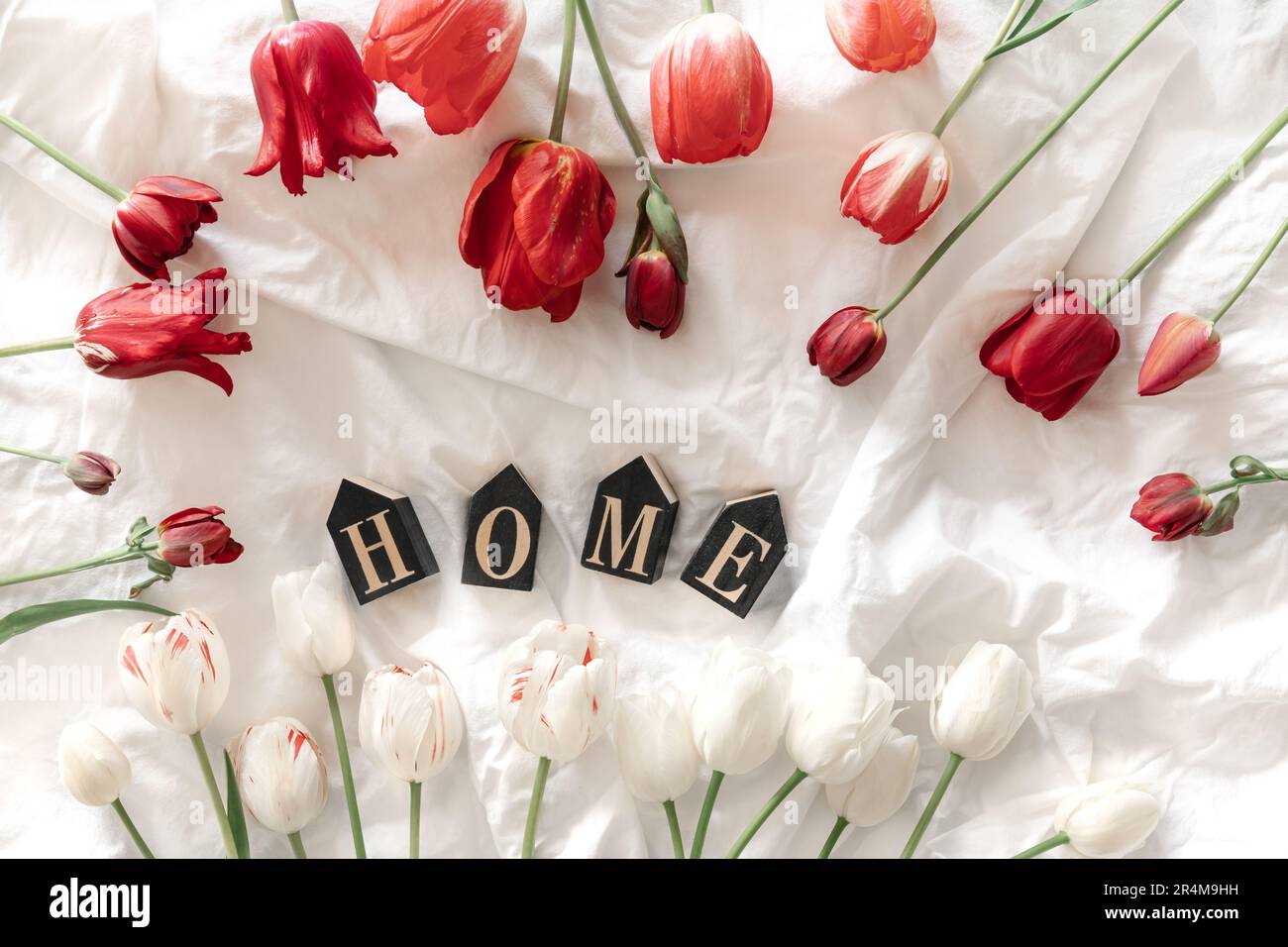 Decorative word Home and tulips in a white bed, top view Stock Photo ...