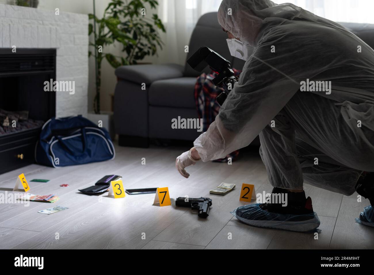 Detective Collecting Evidence in a Crime Scene. Forensic Specialists Making Expertise at Home of ...