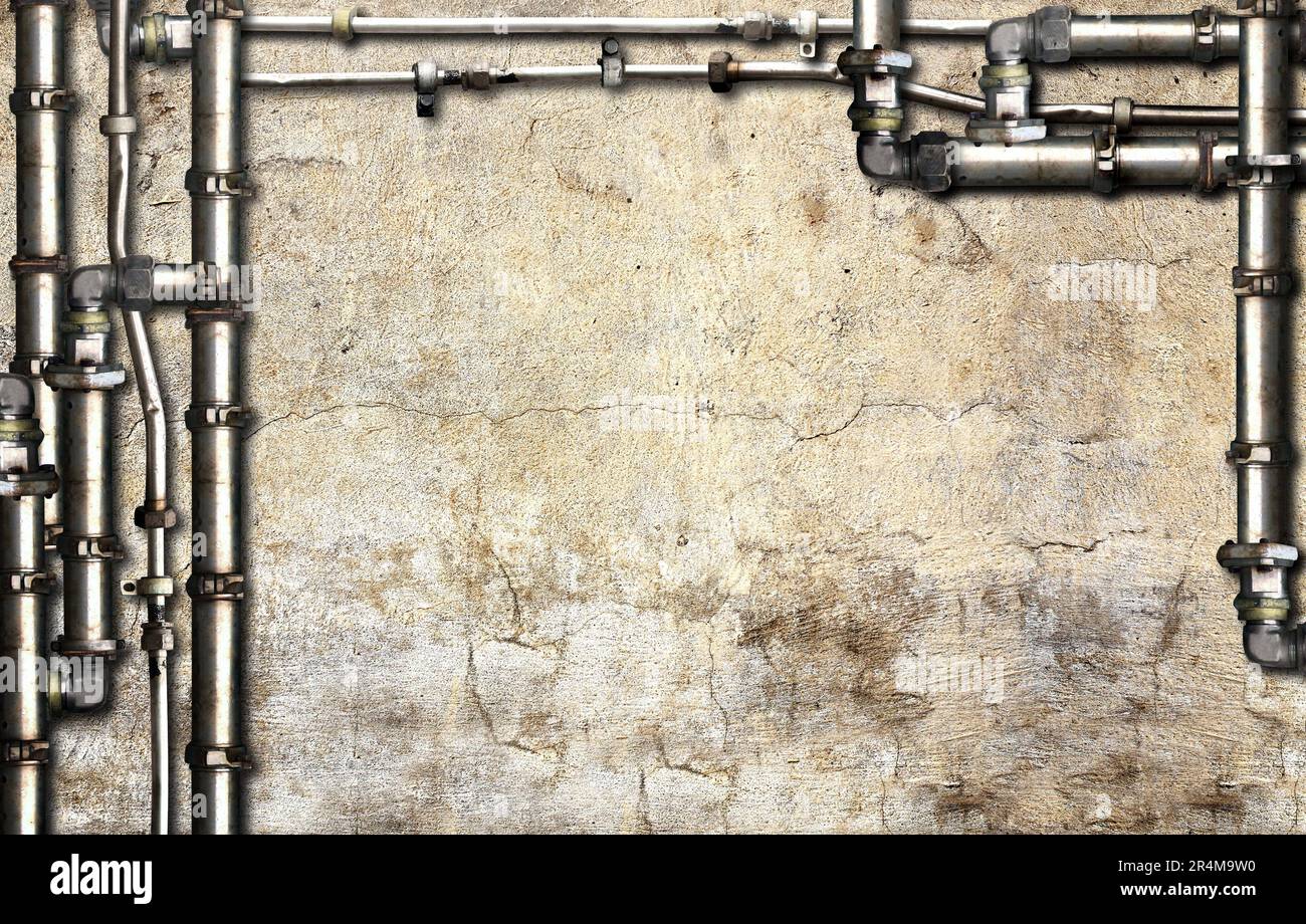 Vintage steampunk backdrop with pipes on stucco wall. Open space with ...