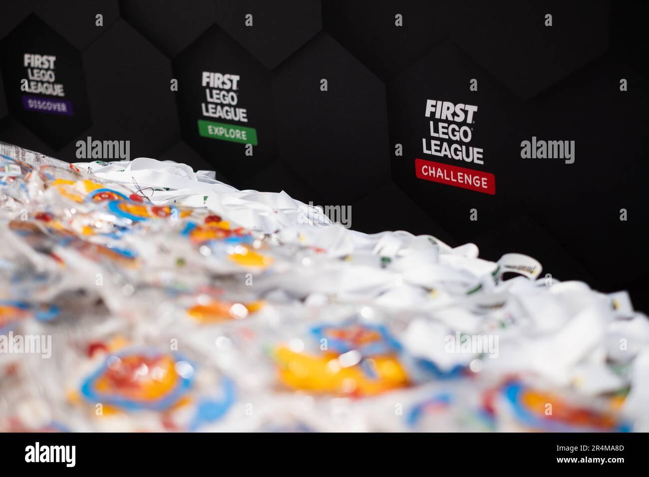 Tallinn, Estonia - May 6, 2023: First Lego League logo wall and table ...