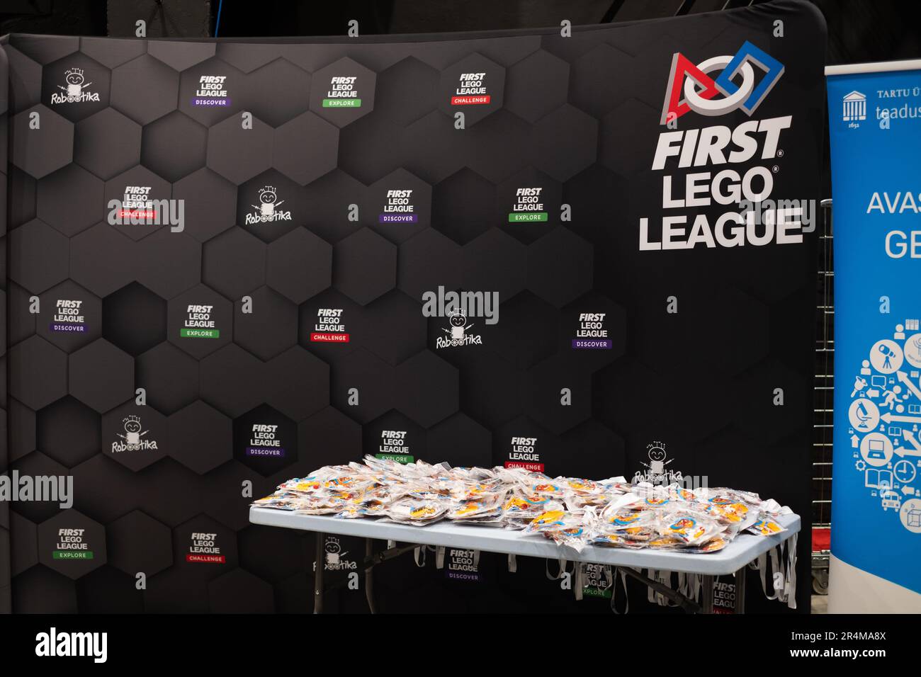 Tallinn, Estonia - May 6, 2023: First Lego League logo wall and table ...