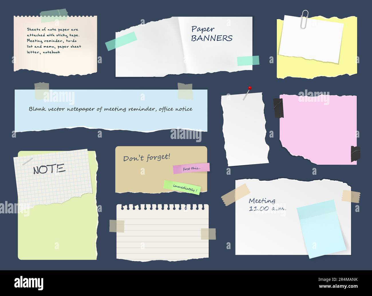 Business paper notes, stickers, sticky sheets and tape. Schedule ripped ...