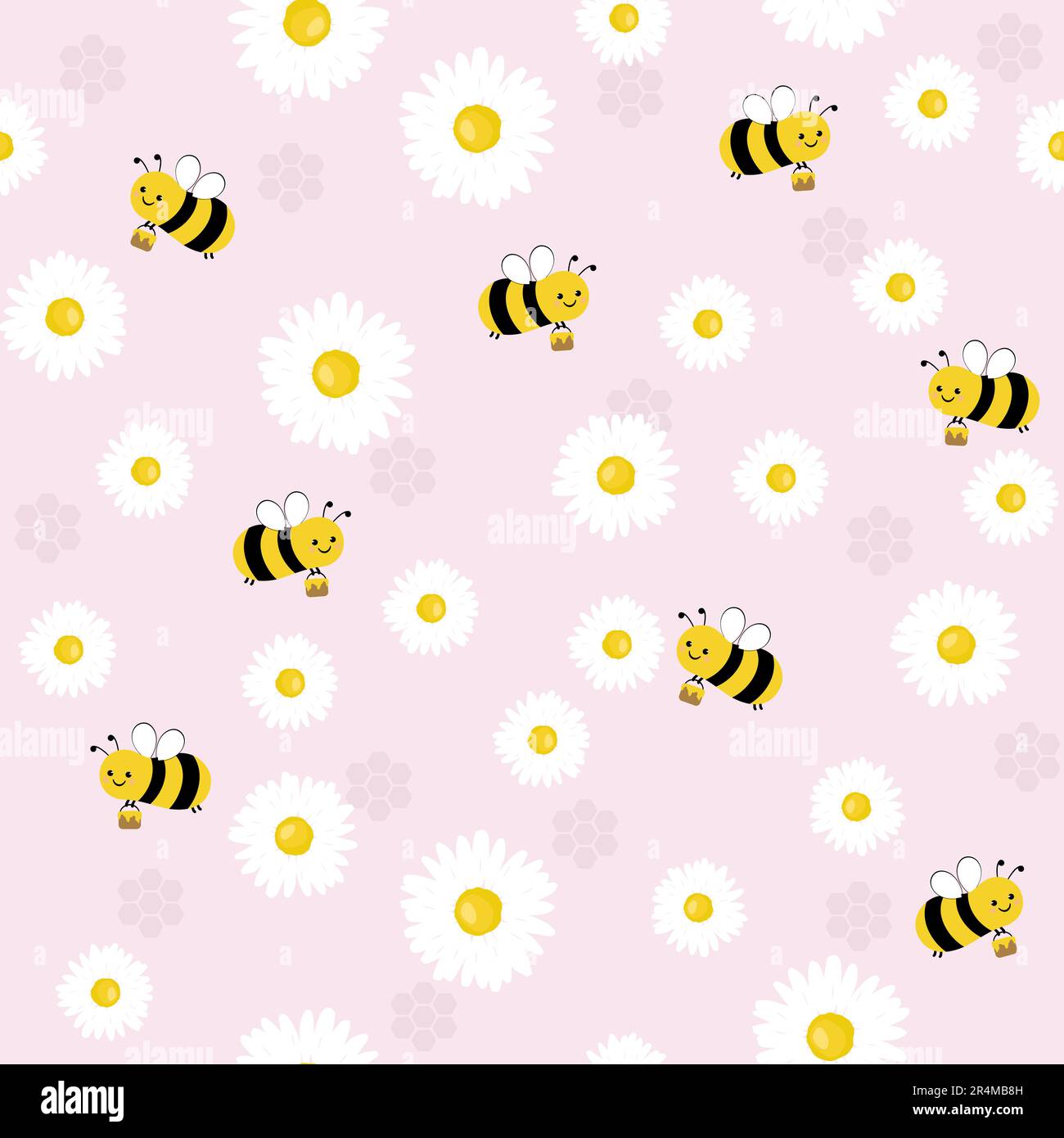 Seamless pattern with funny bees, white flowers and honey. Cartoon ...