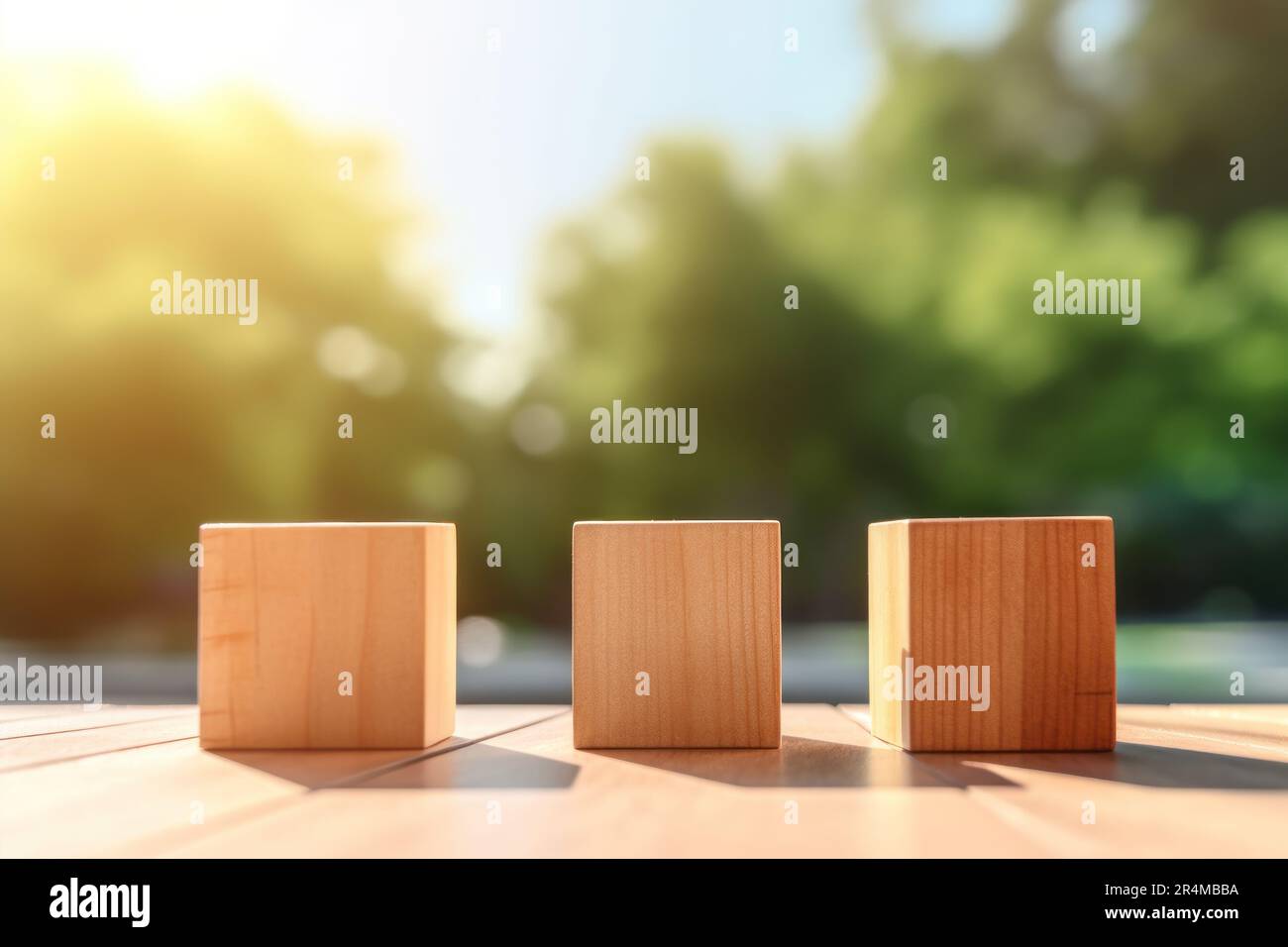 Empty wooden cube on table with blur bokeh background Stock Photo - Alamy