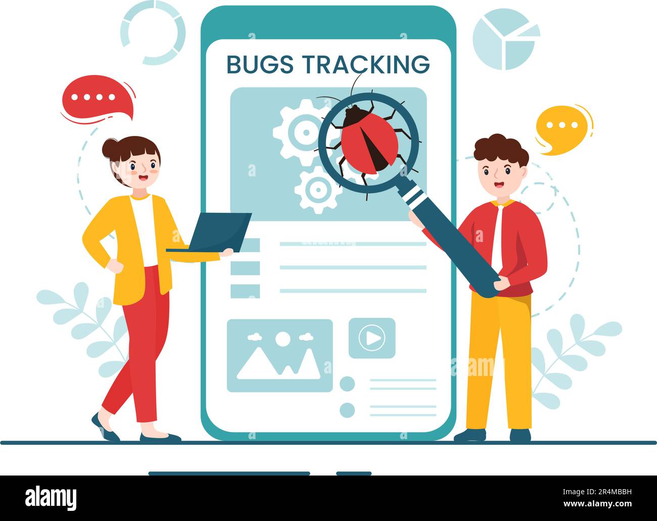 Bug Tracking Vector Illustration with Mobile Phone Protection from Computer Virus on Big Screen ...