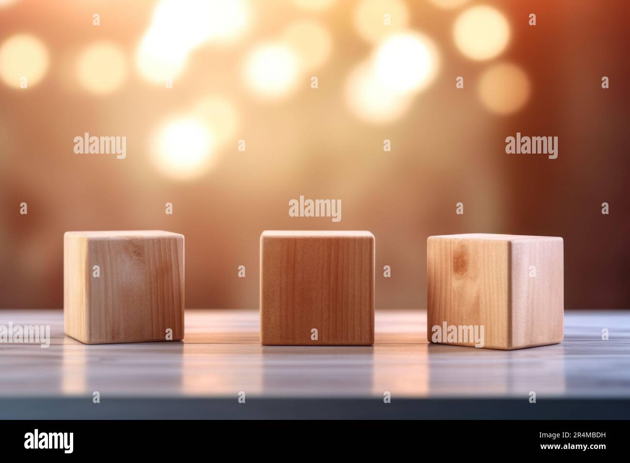 Empty wooden cube on table with blur bokeh background Stock Photo - Alamy