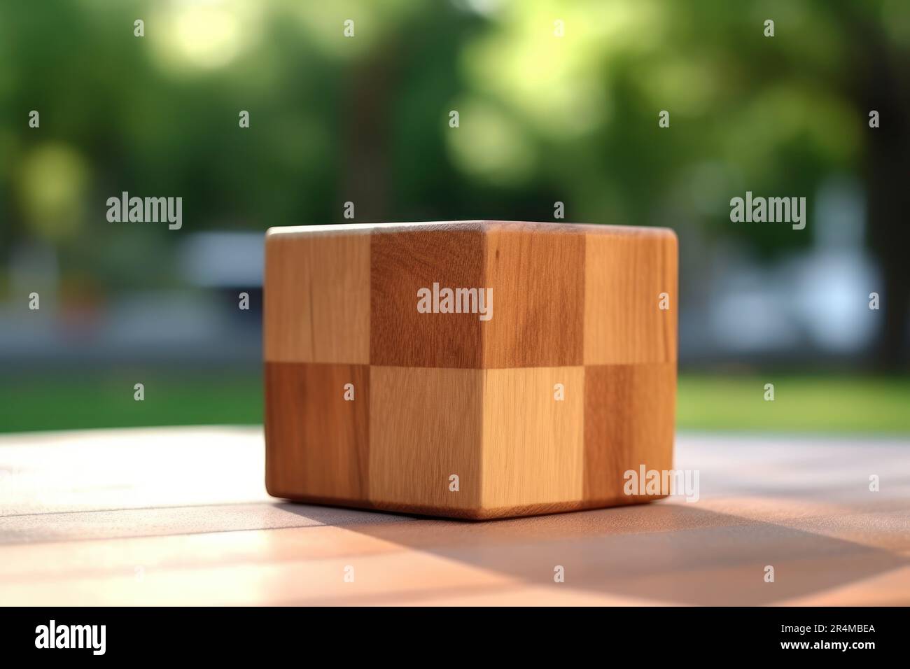 Empty wooden cube on table with blur bokeh background Stock Photo - Alamy