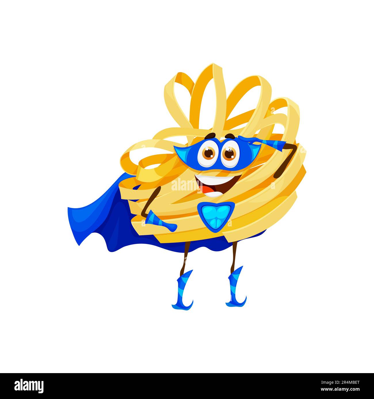 Cartoon Italian tagliatelle pasta superhero character in blue power ...