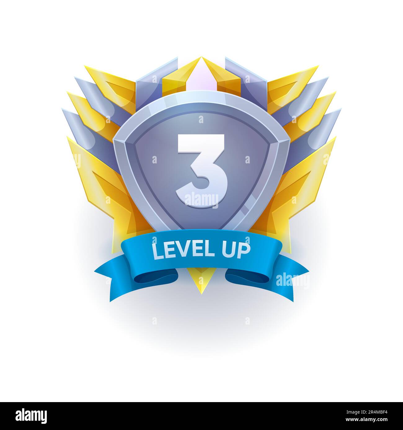 Game level up badge and win icon, shield banner of completed level, vector UI sign. 3 level up ...