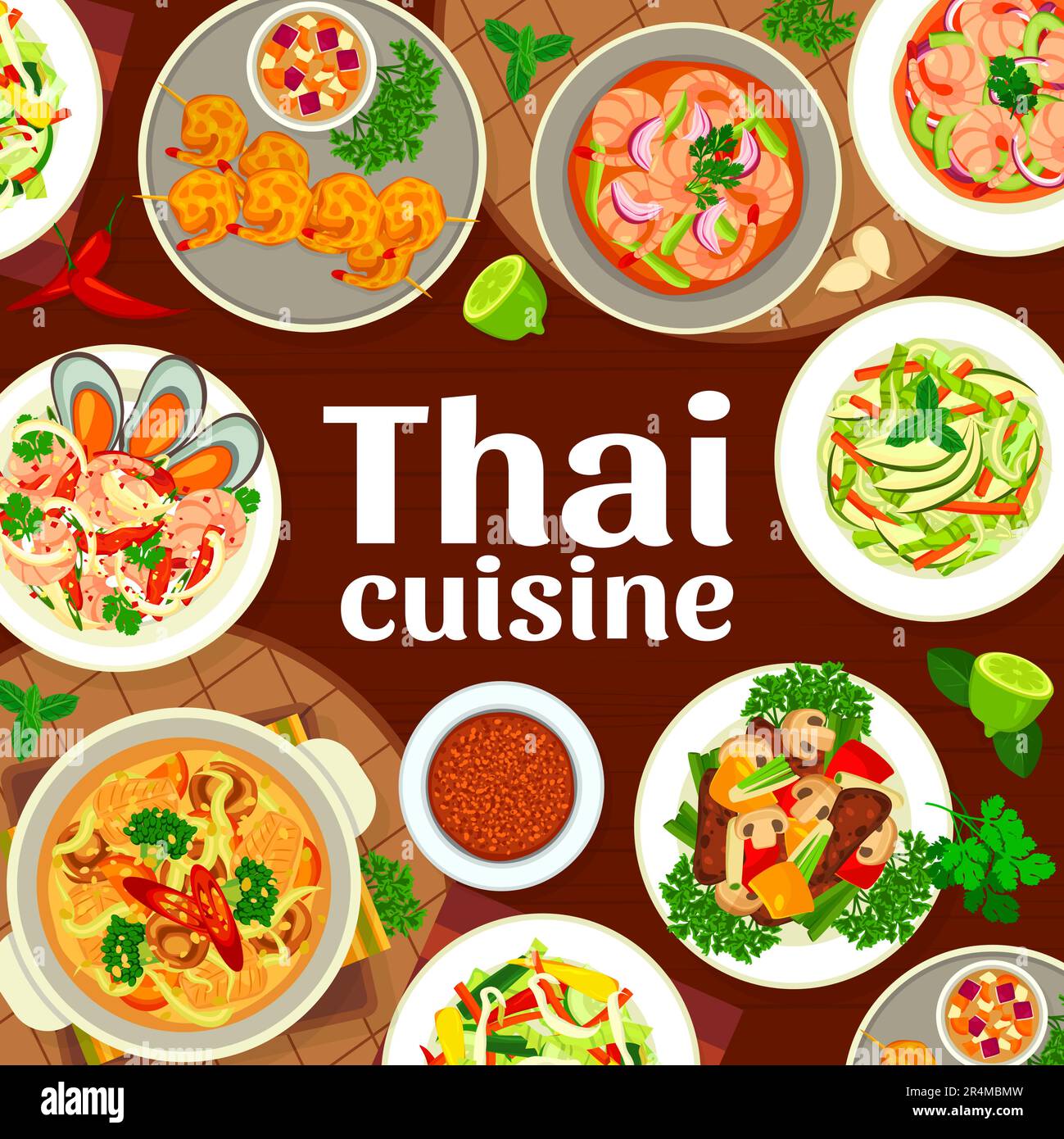 Thai cuisine menu cover page template. Battered prawns, salad with ...