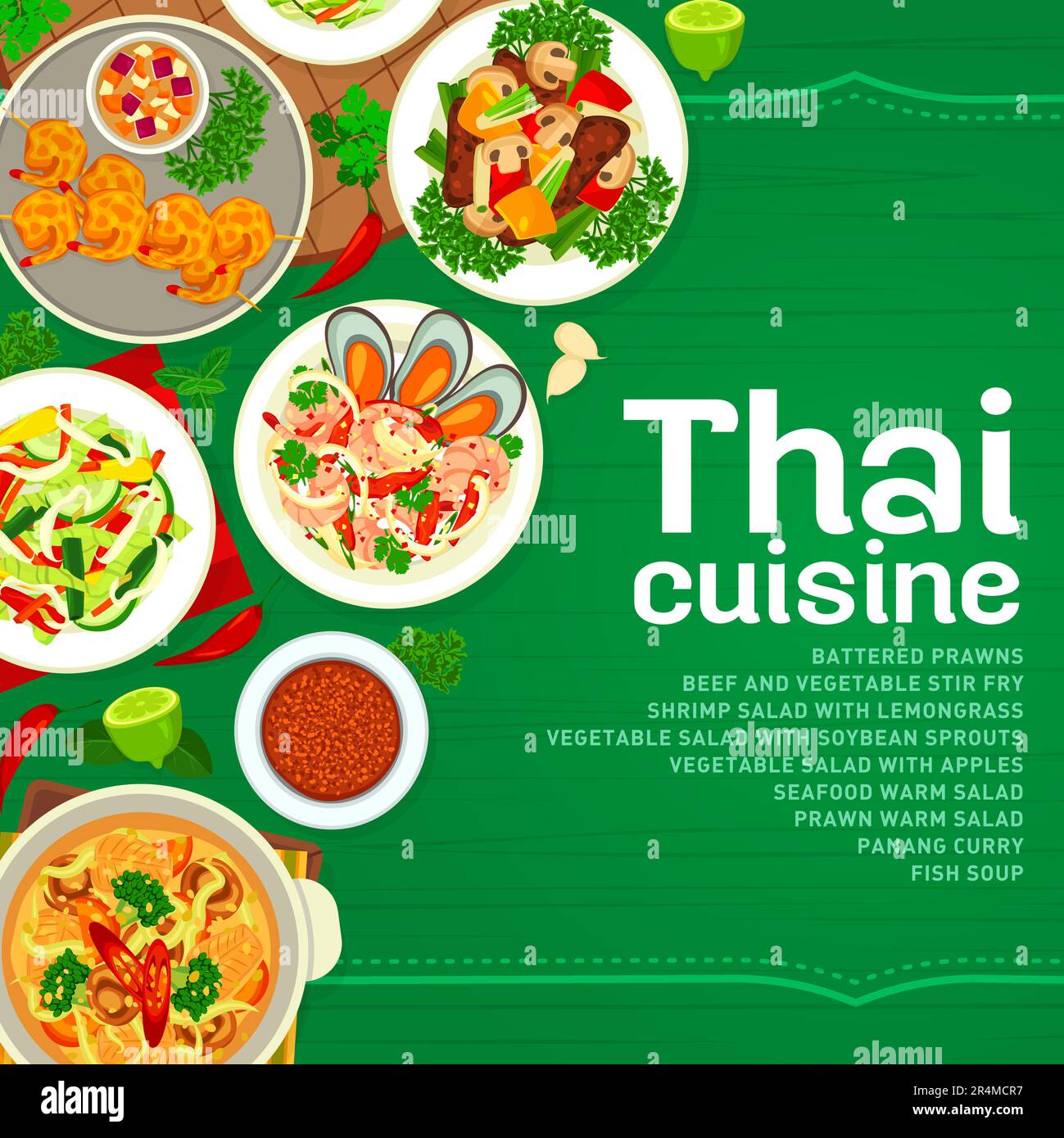 Thai cuisine menu cover template. Salads with vegetables, shrimps ...