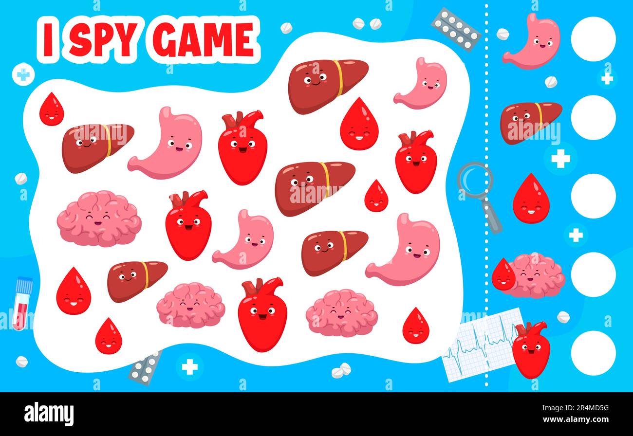 I spy game quiz worksheet. Cartoon human body organ characters. Object ...