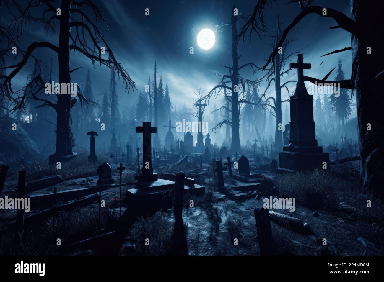 Graveyard in spooky death Forest At Halloween Night Stock Photo - Alamy