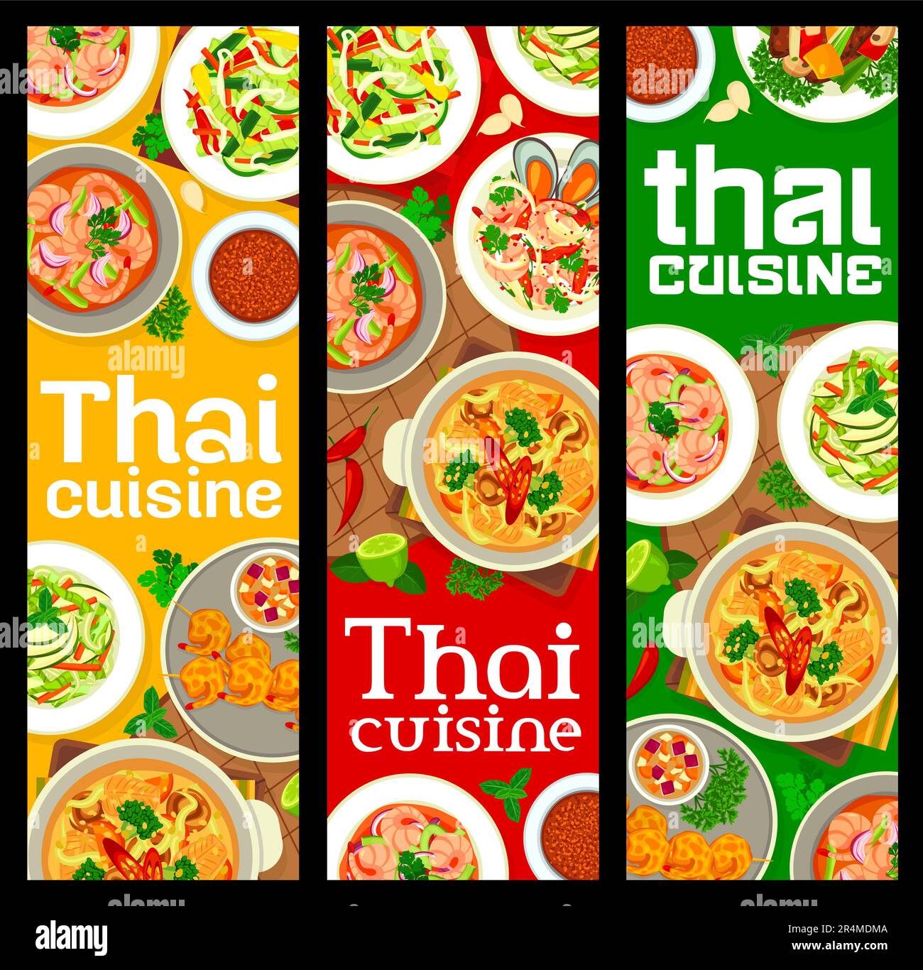 Thai cuisine food banners. Seafood shrimp, vegetable and fruit salads ...