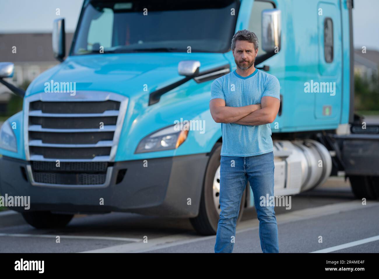 Men driver near lorry truck. Truck driver. Trucking owner ...