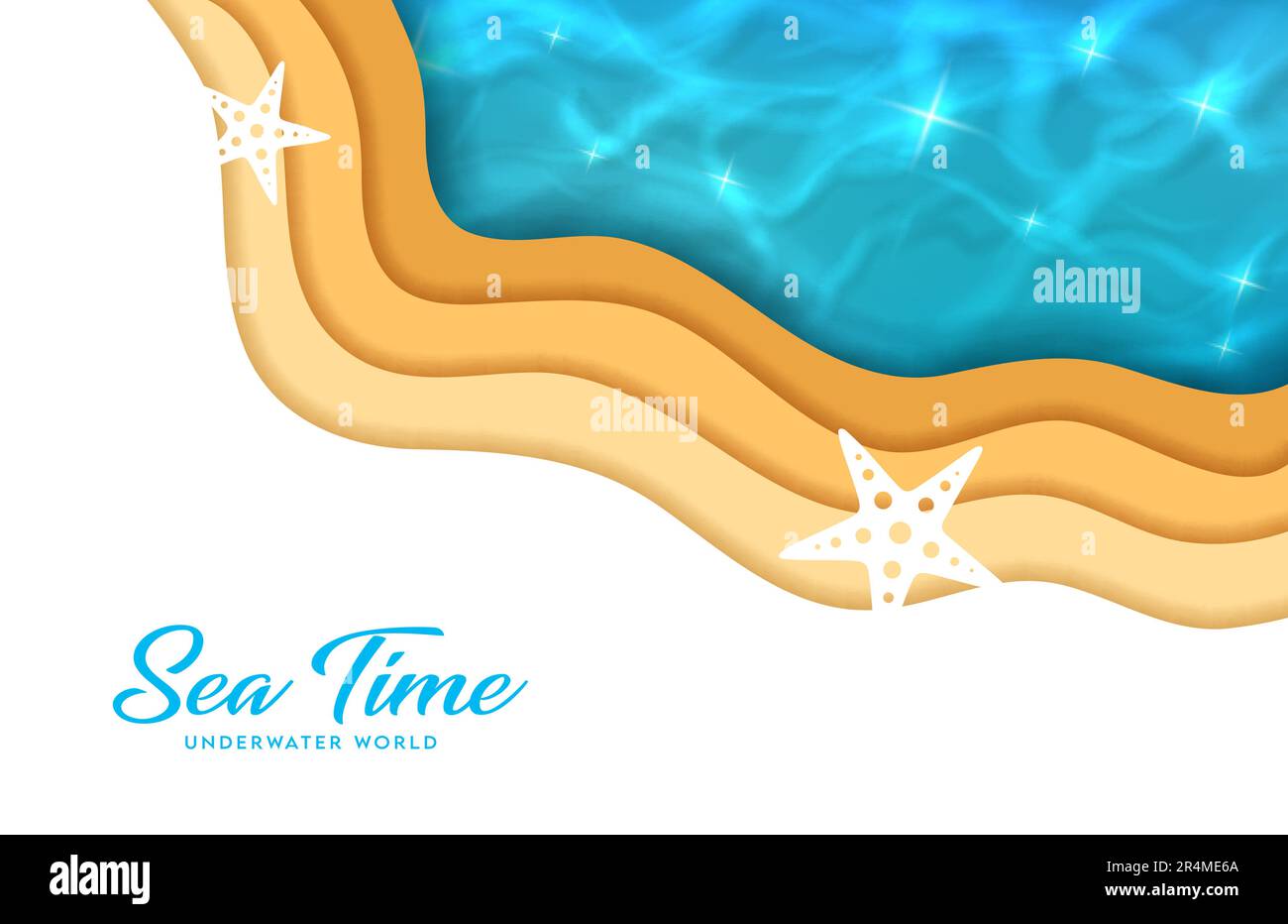 Sea wave paper cut banner, beach with starfish on sand, vector papercut ...
