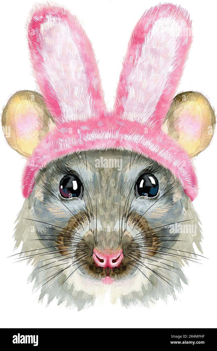 Cute rat wearing a hat with bunny ears for t-shirt graphics. Watercolor ...