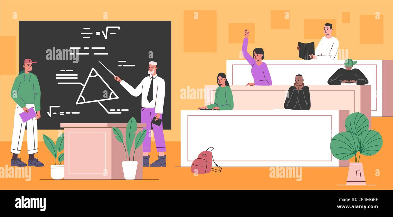 Cartoon students listen lecture. Auditorium with professor and ... Cartoon students listen lecture. Auditorium with professor and ...