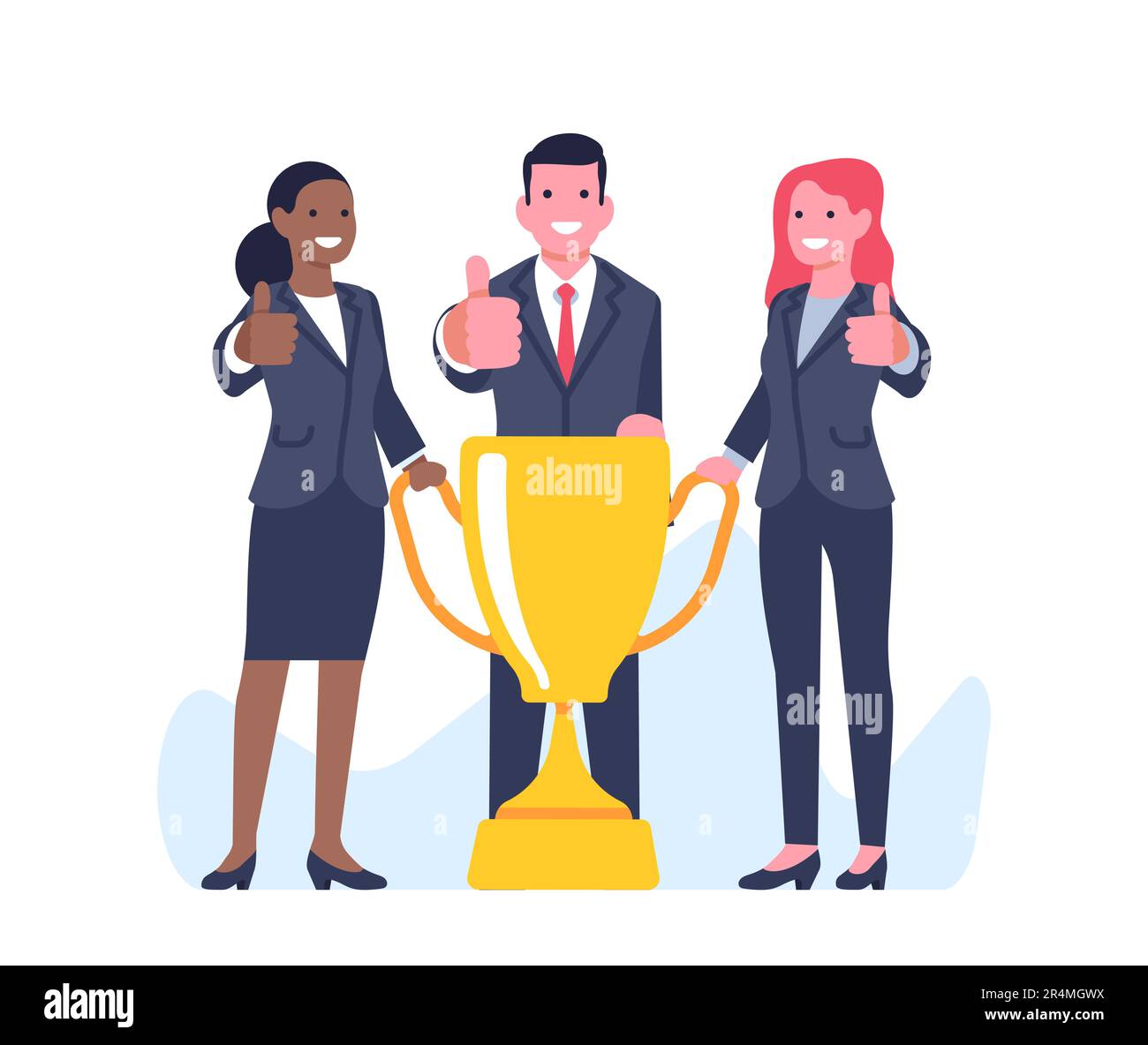 Business men and women give thumbs up. Happy people with golden cup ...