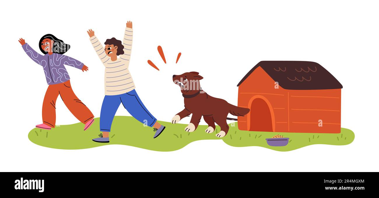 Children run away from evil chain dog. Kids phobia. People afraid of ...