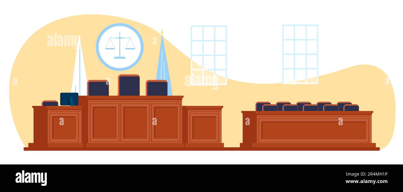Courtroom with space for judge and jurors. Attorney workplace. Clerk ...