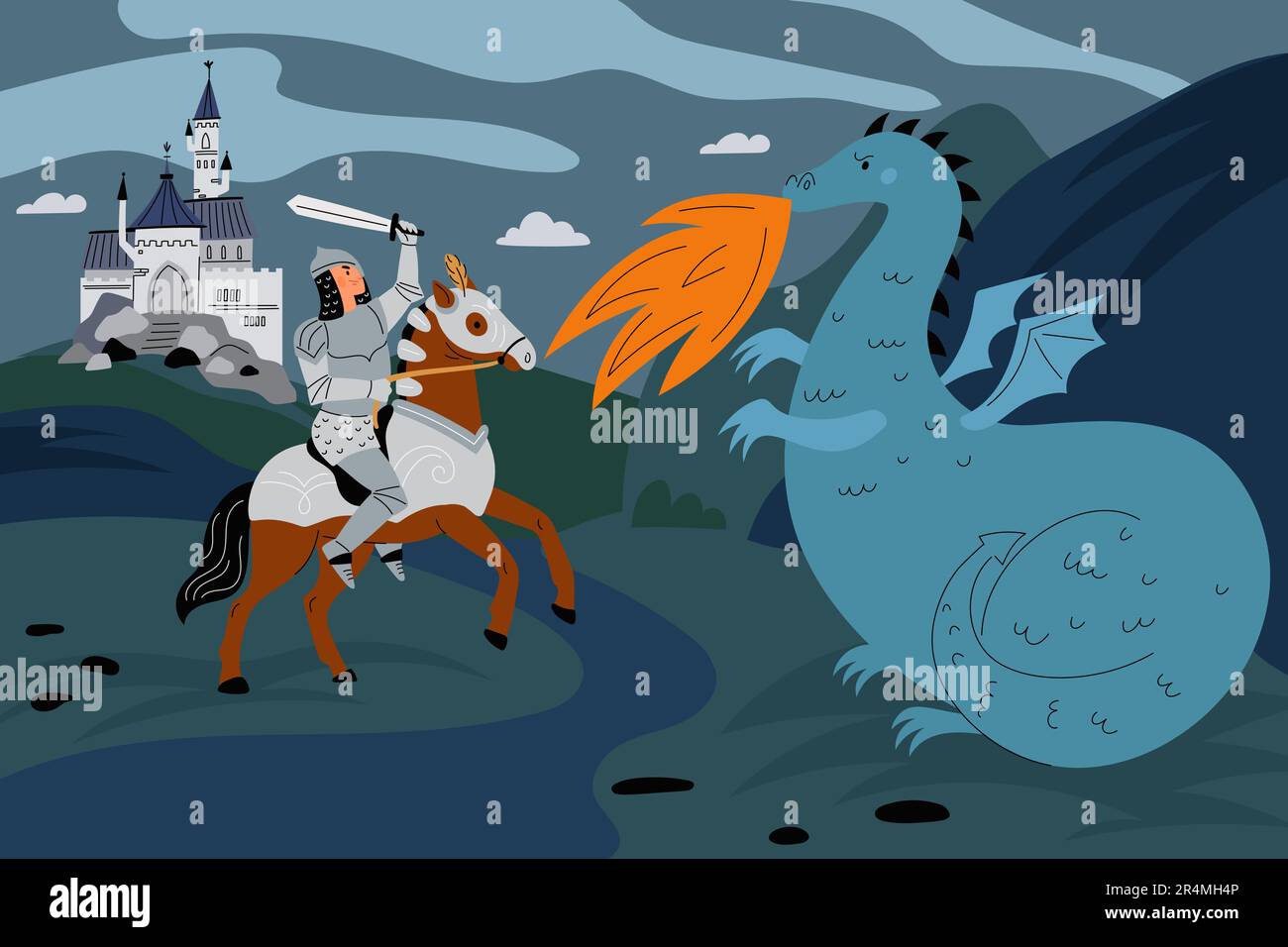 Knight in armor and fabulous dragon. Medieval fairy tale character ...