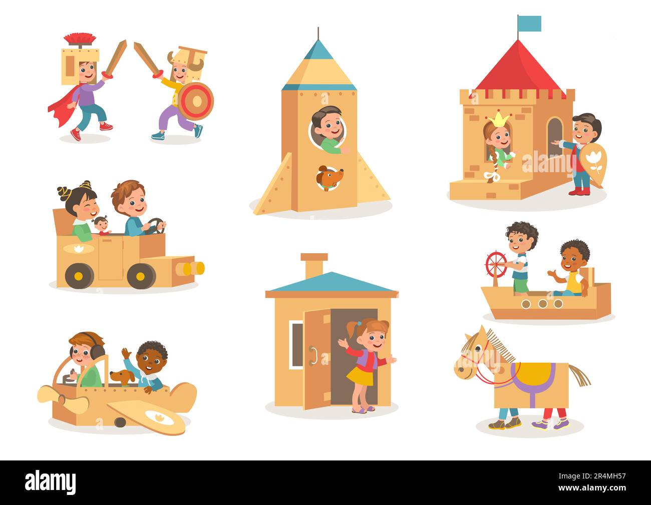 Kids games with cardboard boxes. Cute little dreamers characters ...