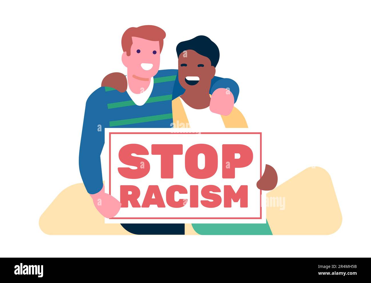 Couple of interracial male friends with sign stop racism. People hold ...
