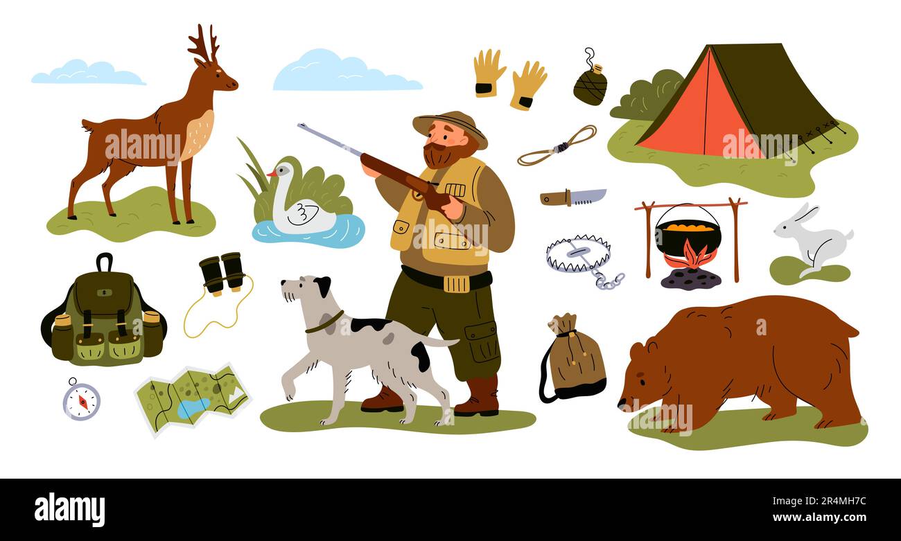 Hunters equipment. Cartoon character hunting with gun and dog. Forest ...