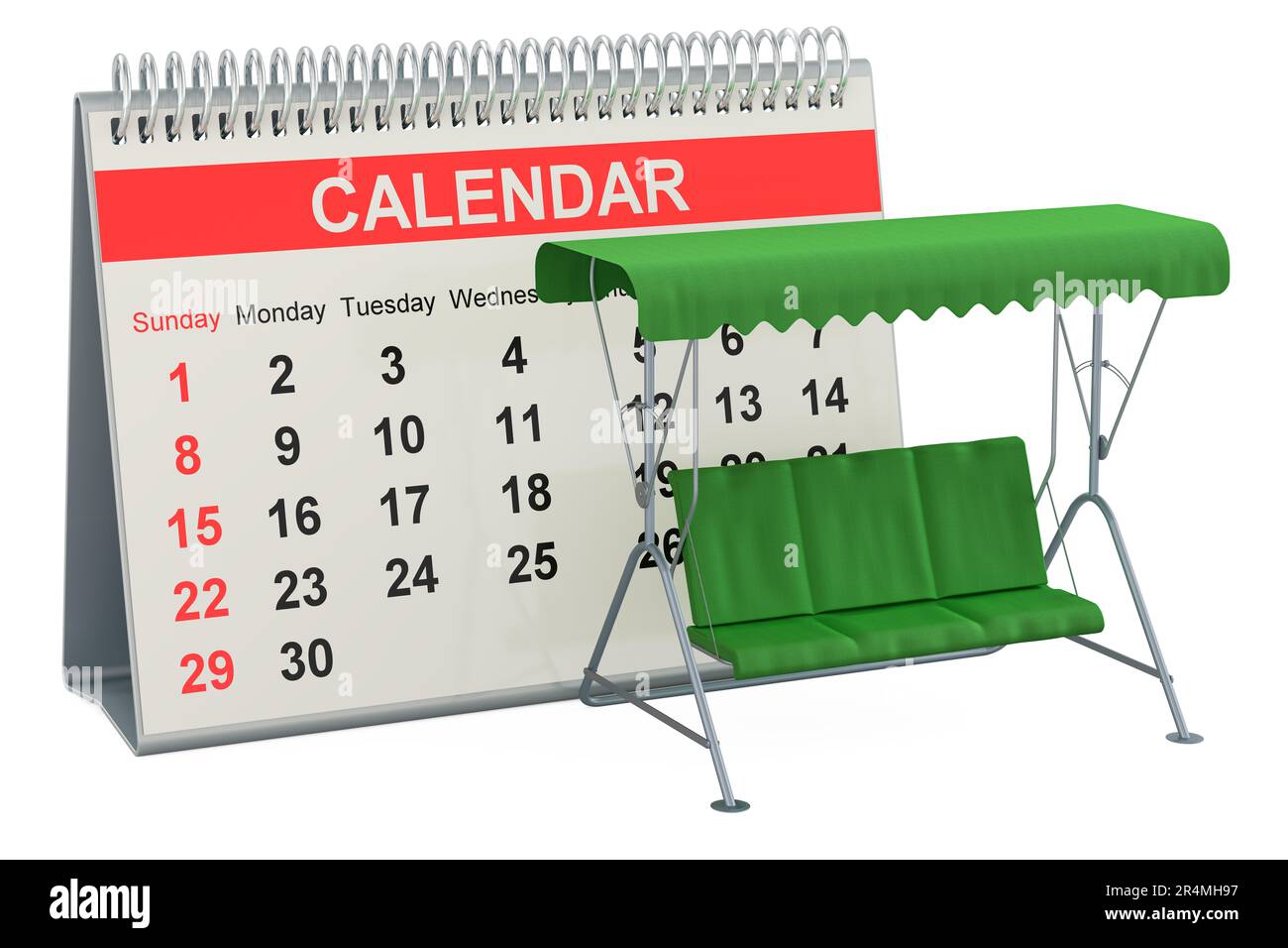 Garden swing with canopy with desk calendar, 3D rendering isolated on ...
