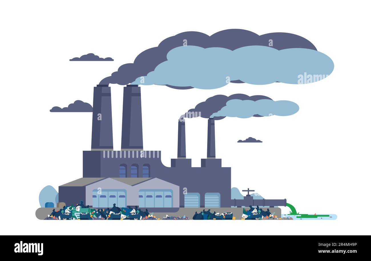 Littered territory of plant. Factory chimneys releasing harmful smoke ...
