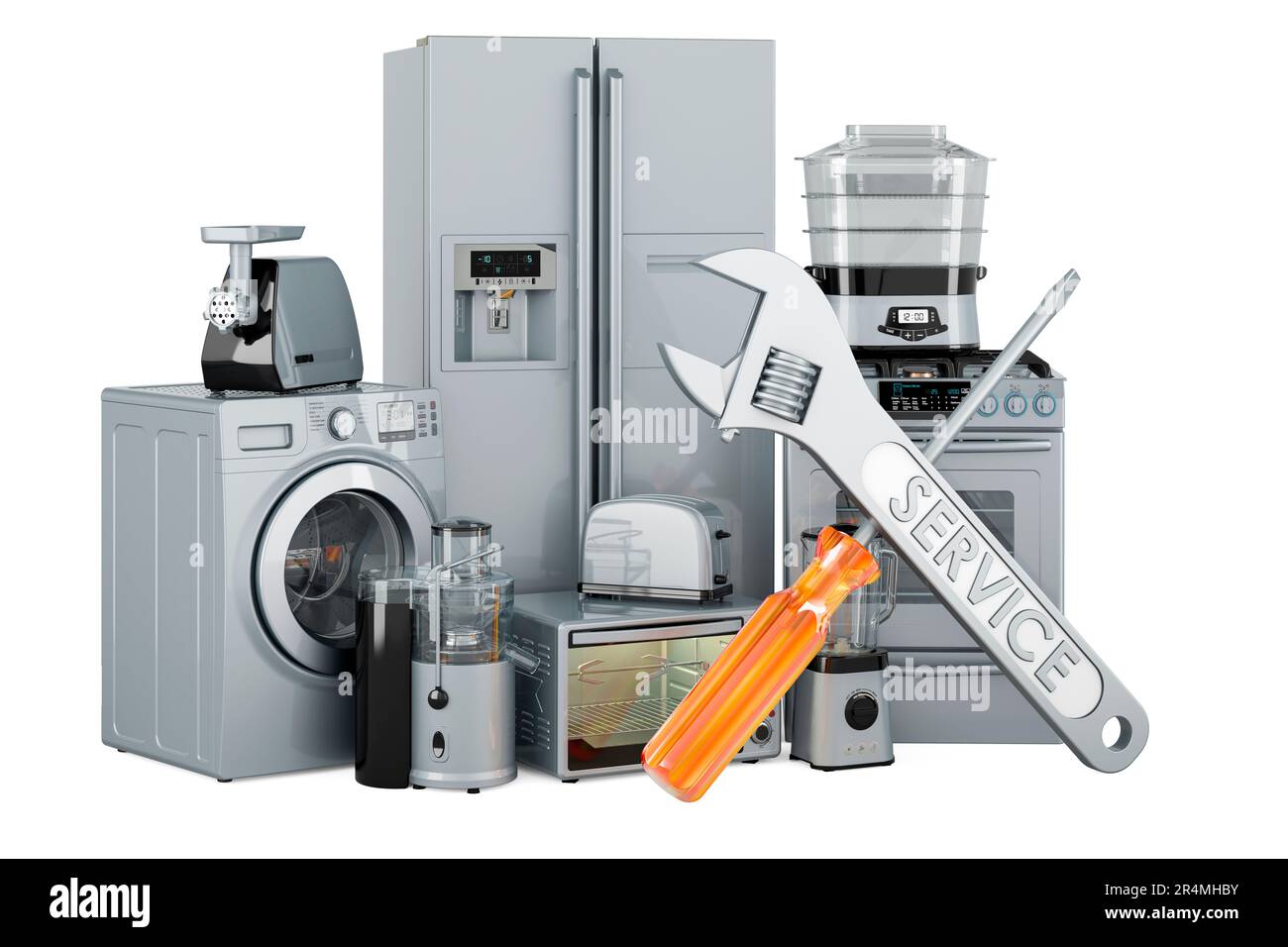 Kitchen and home appliance with screwdriver and wrench, 3D rendering ...
