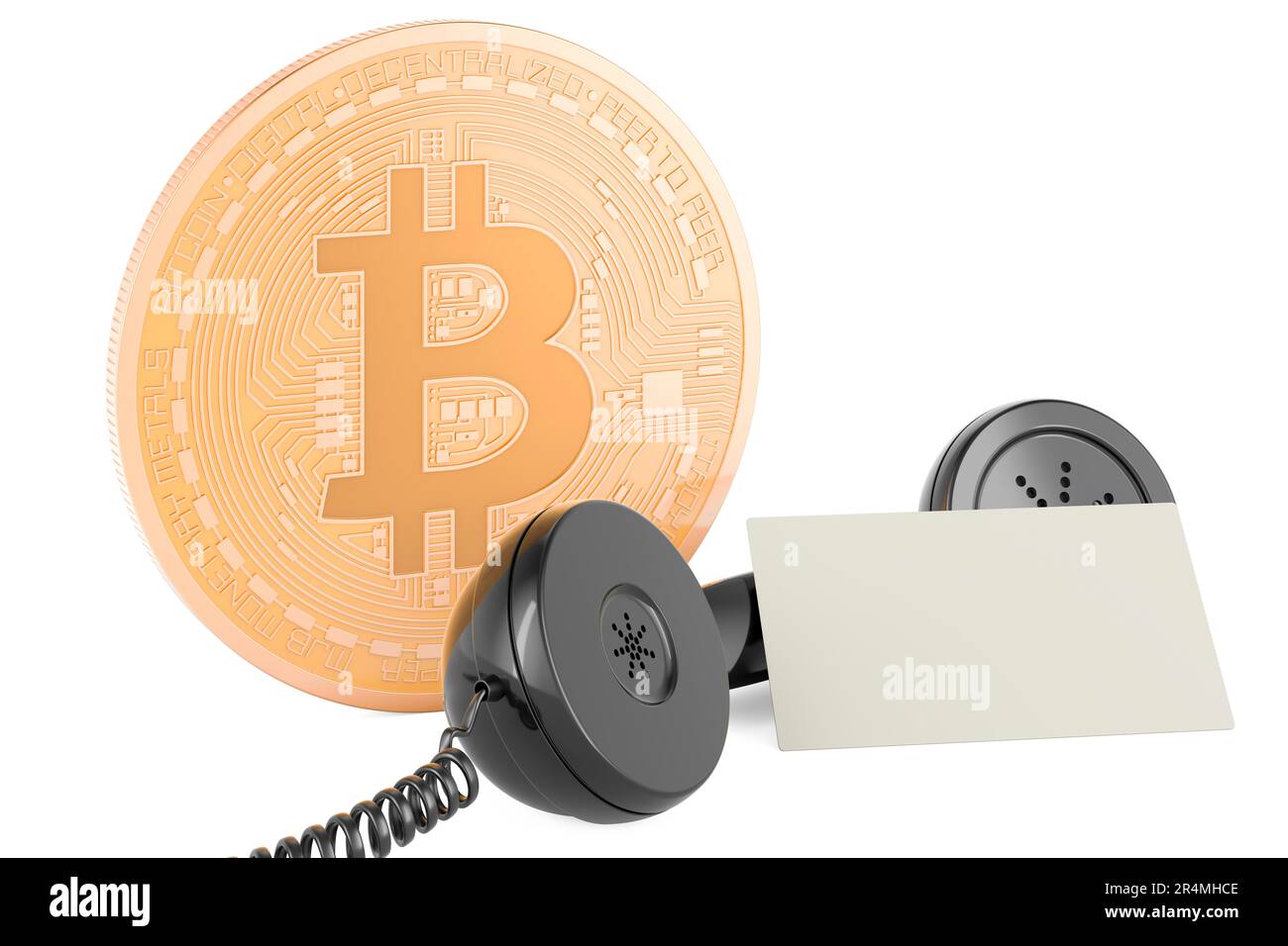 Bitcoin with blank business card and retro phone receiver. 3D rendering ...