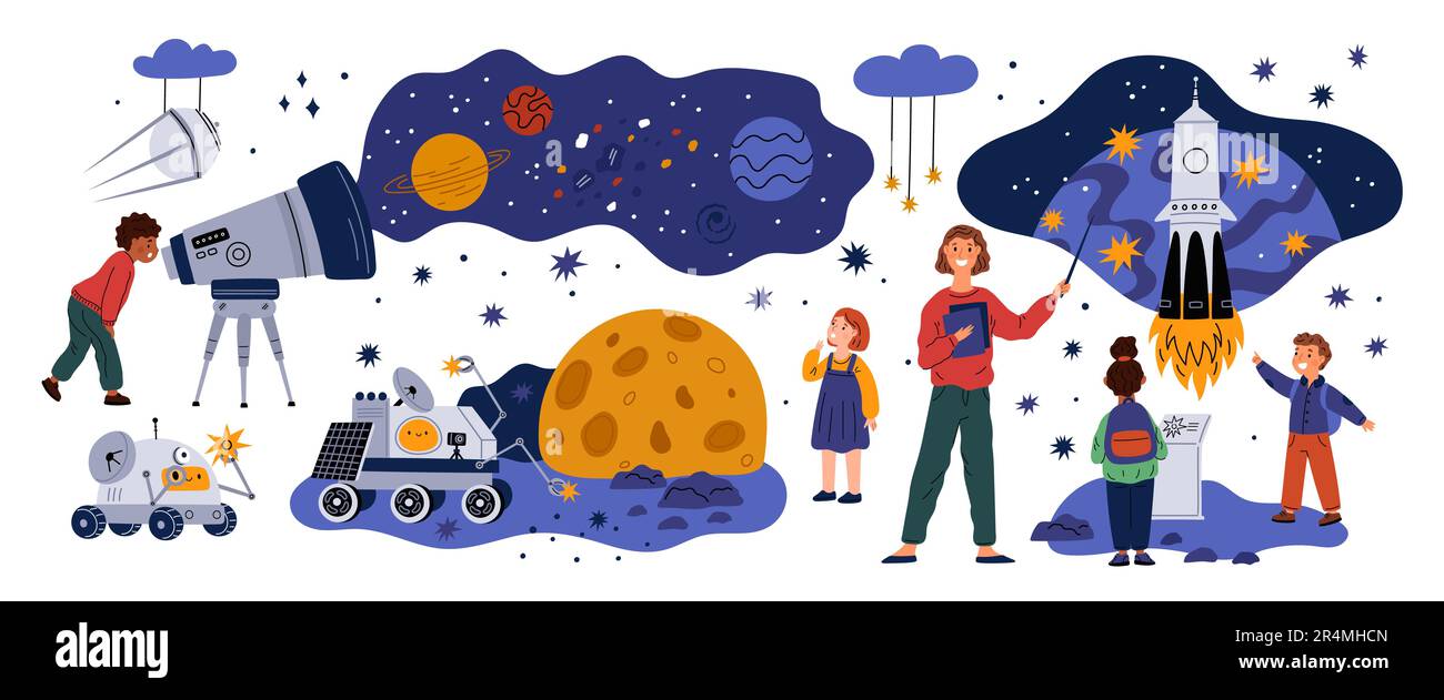 People in planetarium. Visitors to astronomy museum. Guide with ...