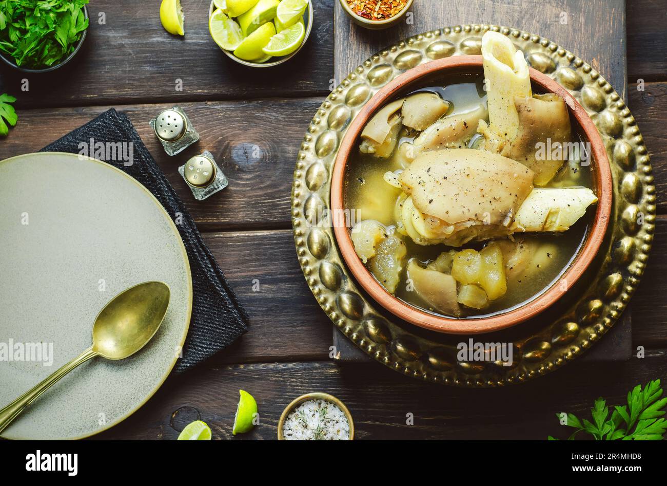 Arabic cuisine; Egyptian traditional trotters soup. Served with fresh ...