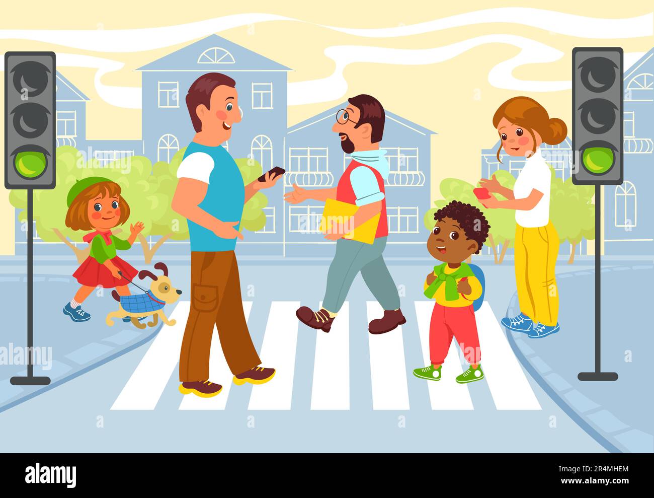 People cross city road with traffic light. Road traffic. Men and women ...