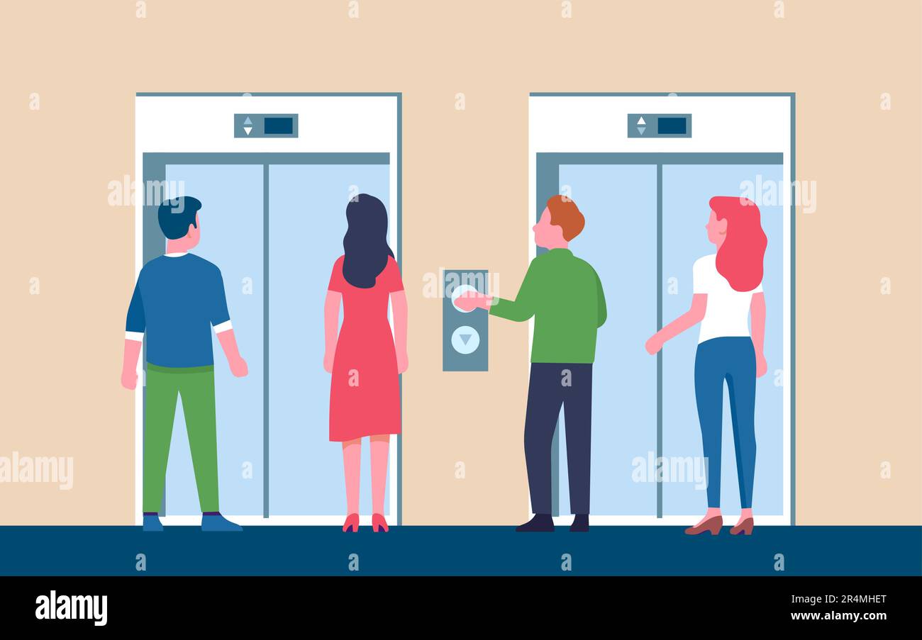 Men and women waiting for elevator. People standing together in front ...