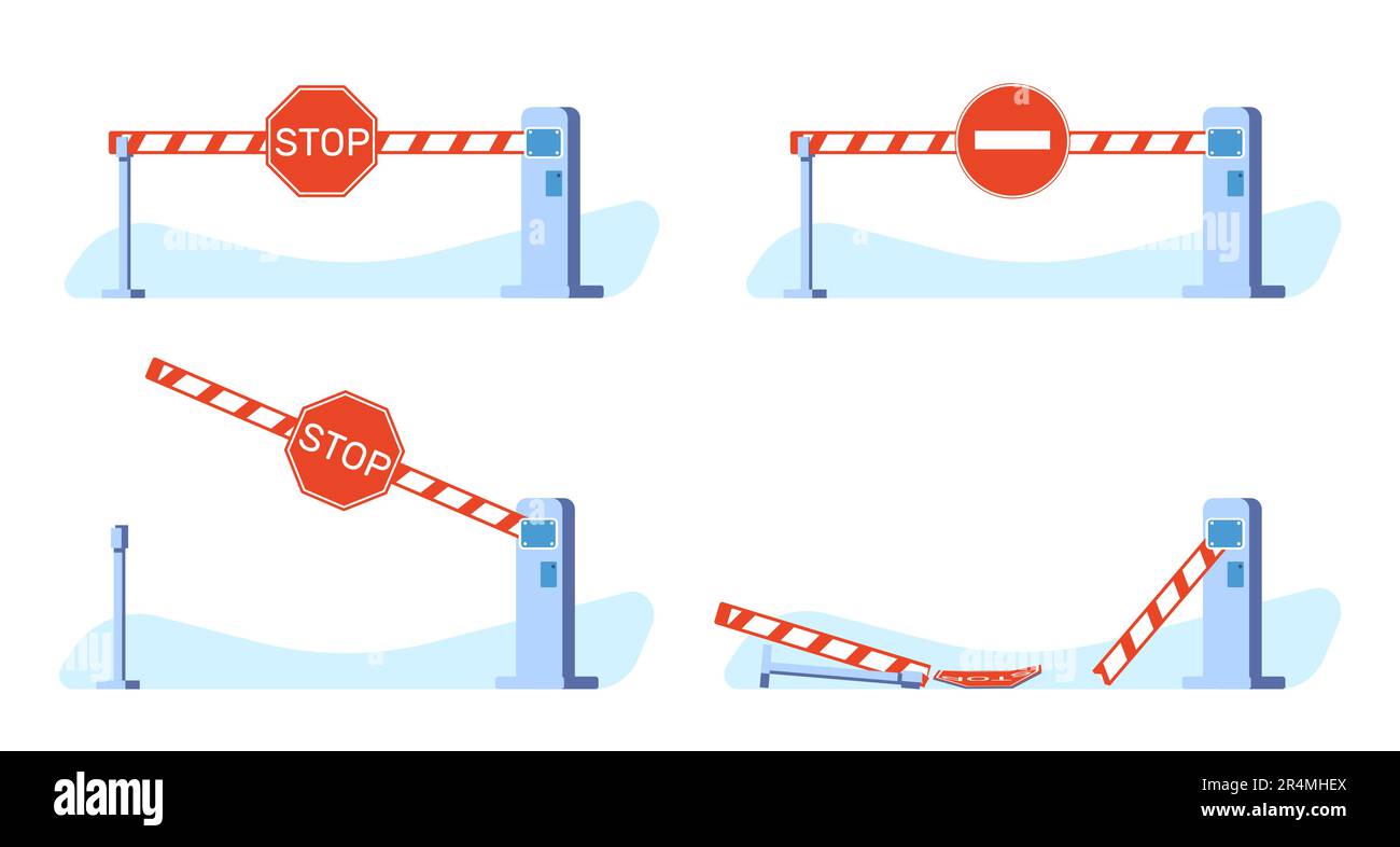 Set of open and closed barriers with stop sign and passage closed ...