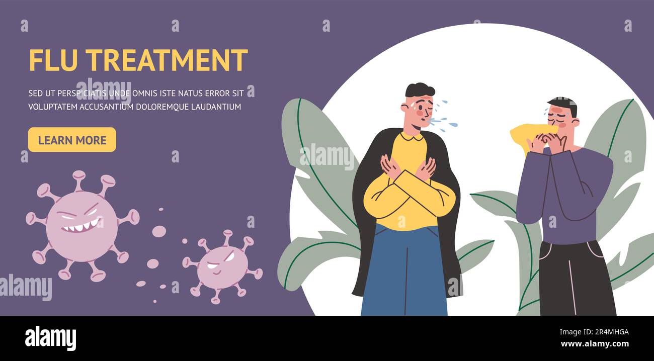 Seasonal flu treatment poster. Influenza symptoms. Infected people ...