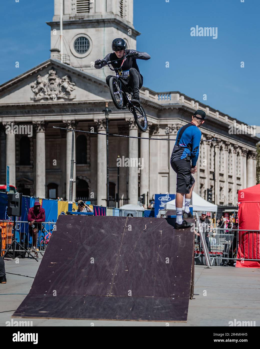 A bmx rider flies high outside the National Gallery in London at the ...
