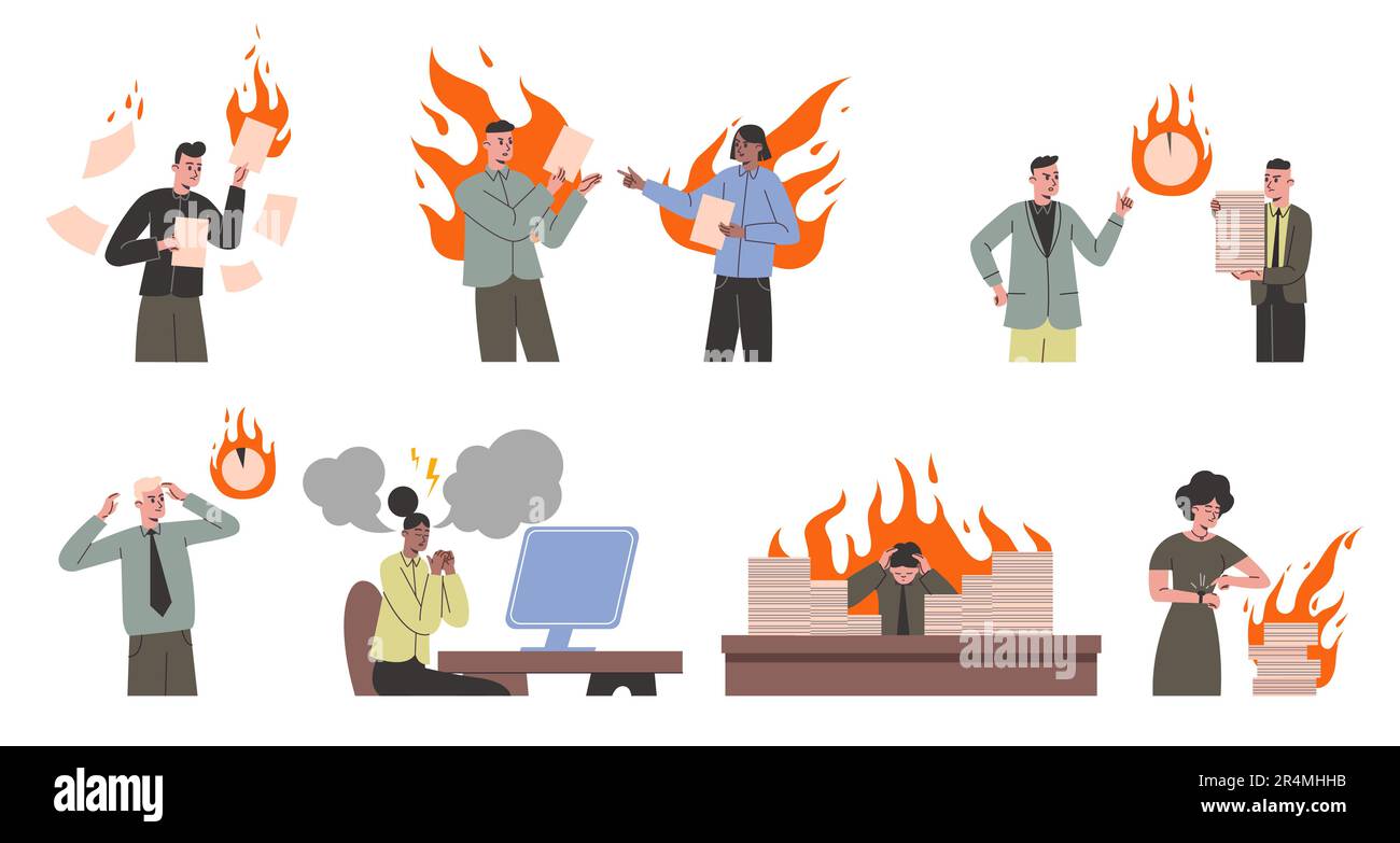 Stressed employees. Conflict situations in office. Business people work ...