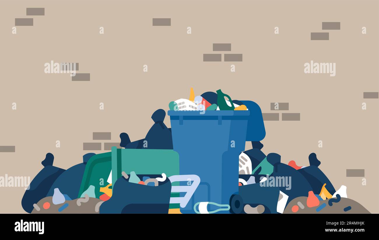 Trash cans. Garbage heap on street. Bin overloaded with rubbish ...