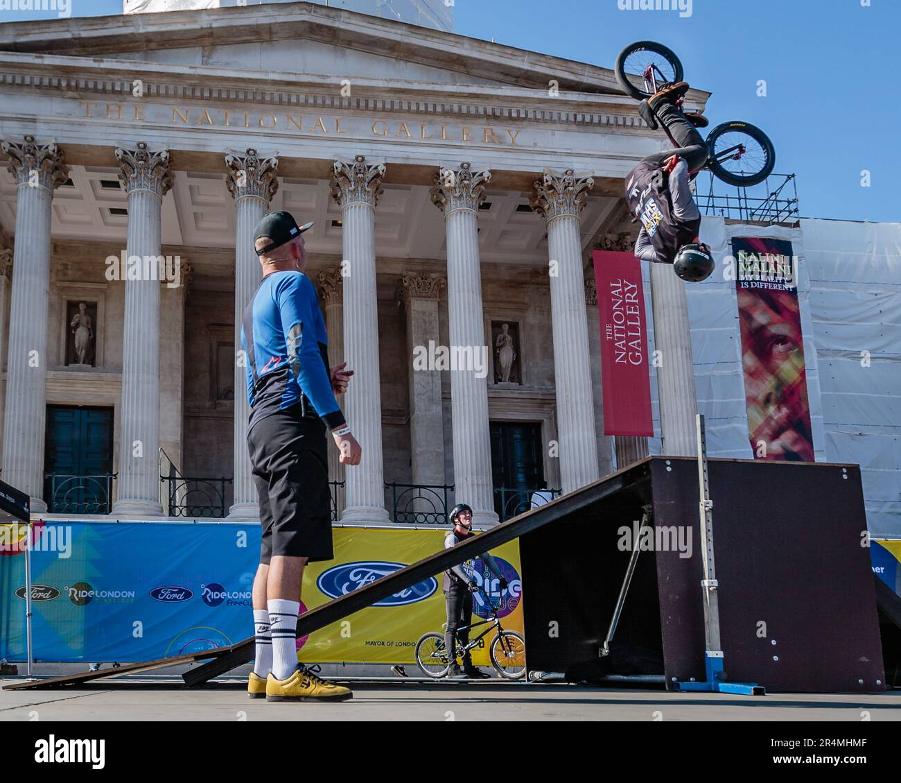 A bmx rider performs tricks outside the National Portrait Gallery in ...