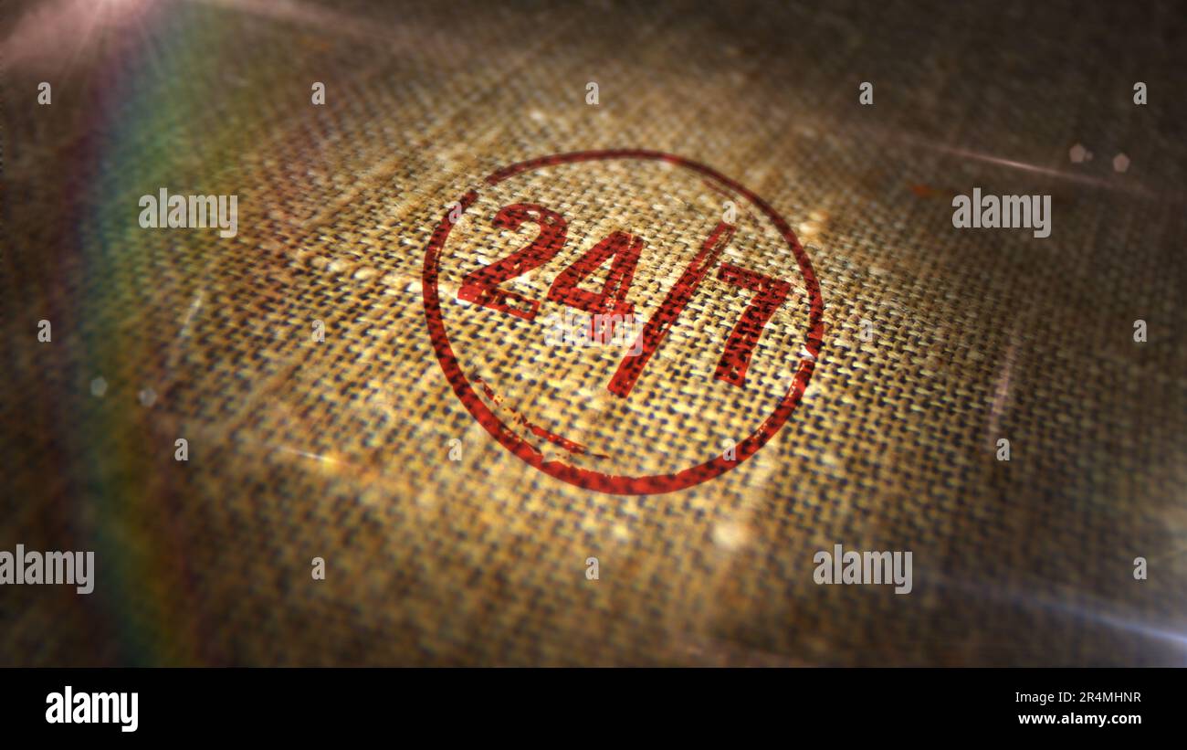 24 by 7 24 hour a day service stamp printed on linen sack. 24h round ...